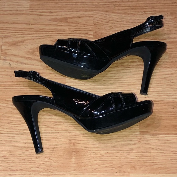 Alex Marie | Shoes | Black Patten Leather Peep Toe Slingback Pumps Heel ...